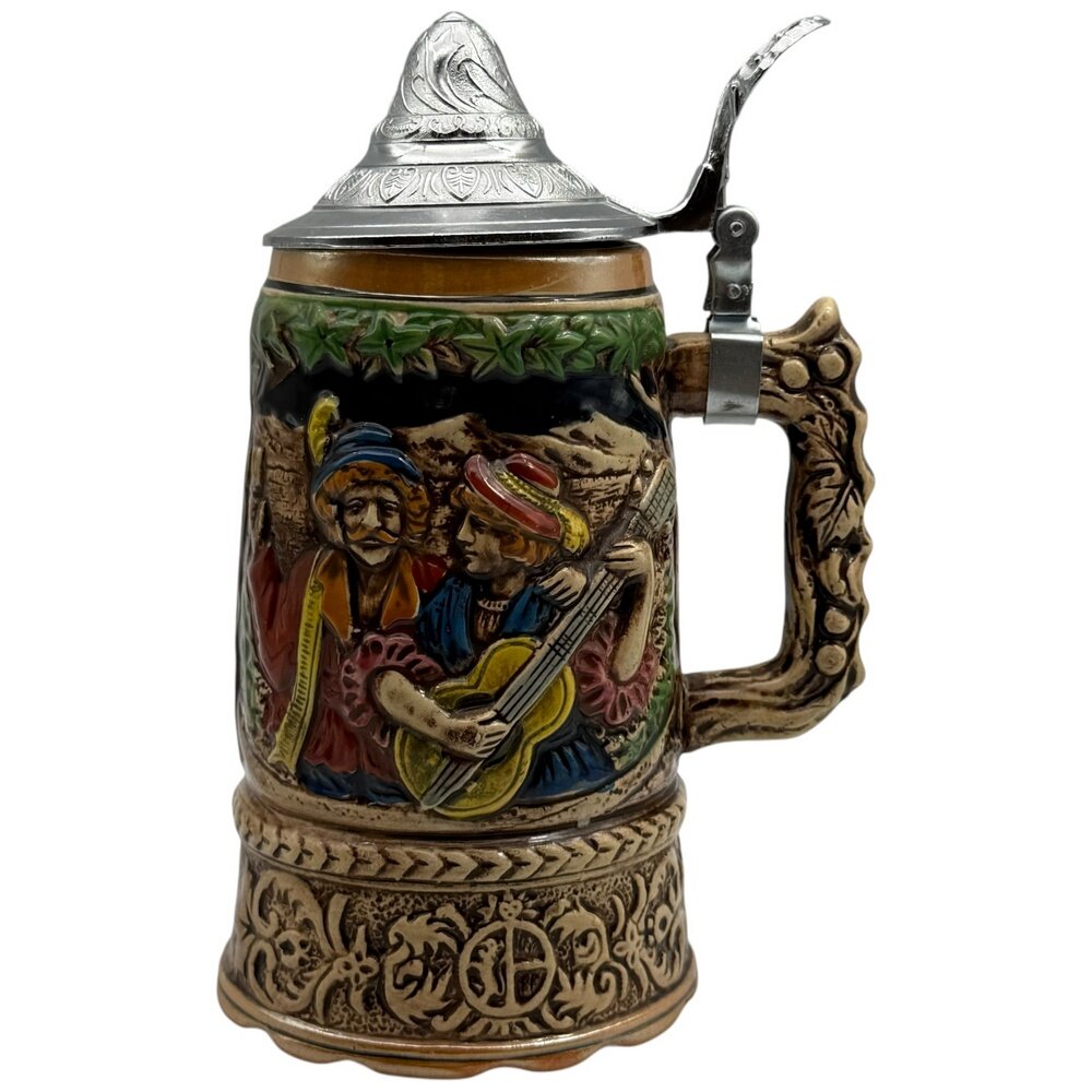 Пивная кружка "Музыкант" с крышкой, музыкальная, 0.4 л, керамика, олово, 1950-1960 гг, Германия