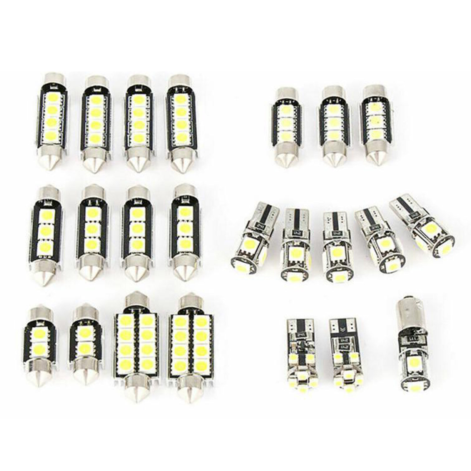23 штуки Canbus LED лампочки 5050 SMD белого цвета, 12V, 1.2-2.5W, 60-130Лм, 6000K, для салона автомобиля, люстры, карты, дверей, багажника, номерного знака, T10, BA9S, двупроводные 31/36/39/42MM