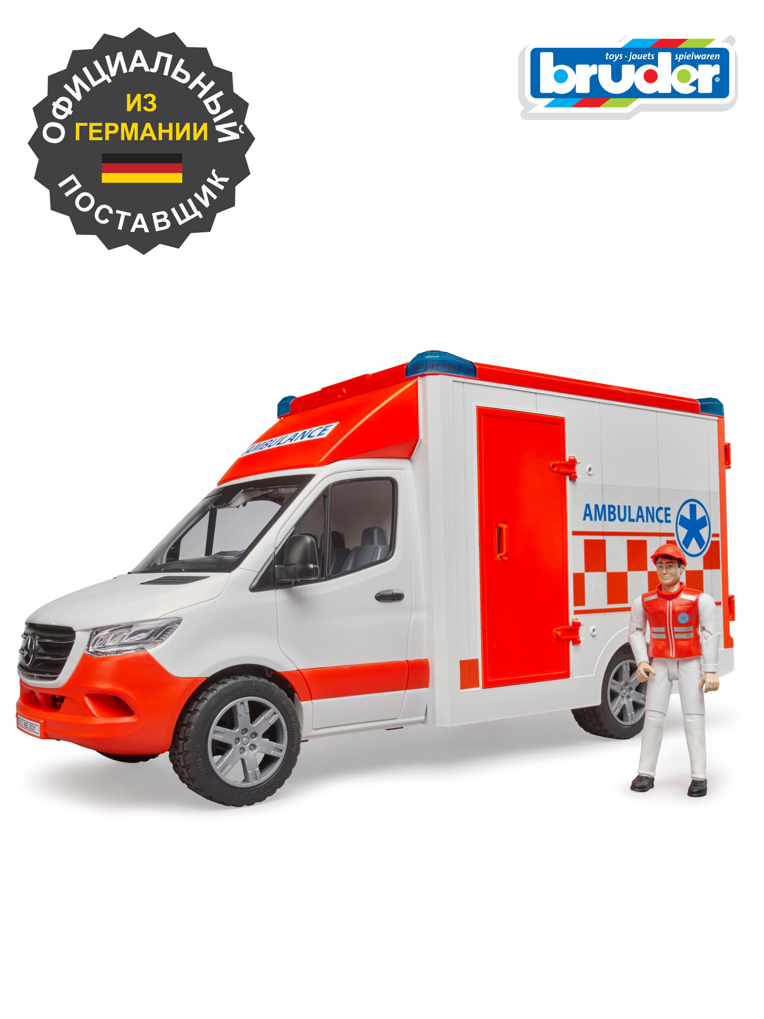 Брудер, Скорая помощь Mercedes (свет, звук) с фигуркой человека, Bruder, 02-676
