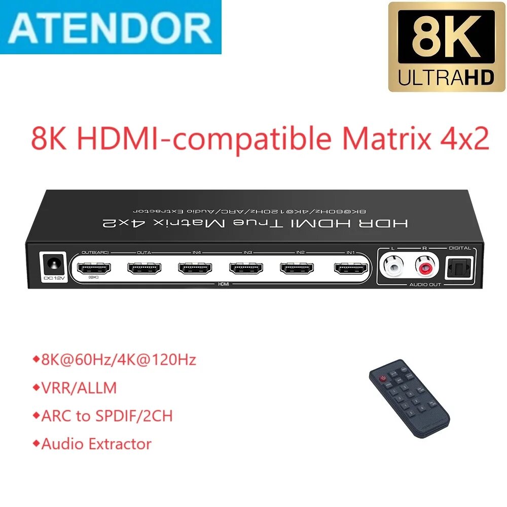 ATENDOR 8K HDMI 2.1 Матричный Переключатель 4 В 2 with US PSU