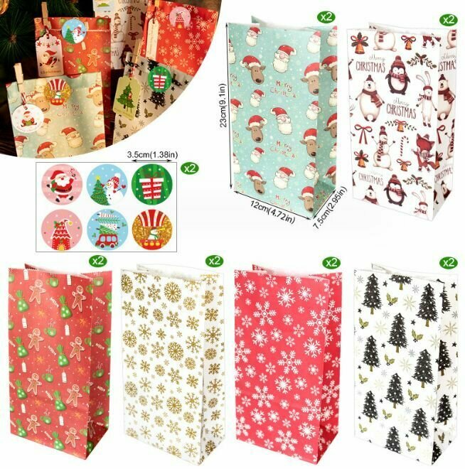 Пакеты бумажные новогодние, крафт пакет для конфет, набор 12 штук в упаковке с наклейками