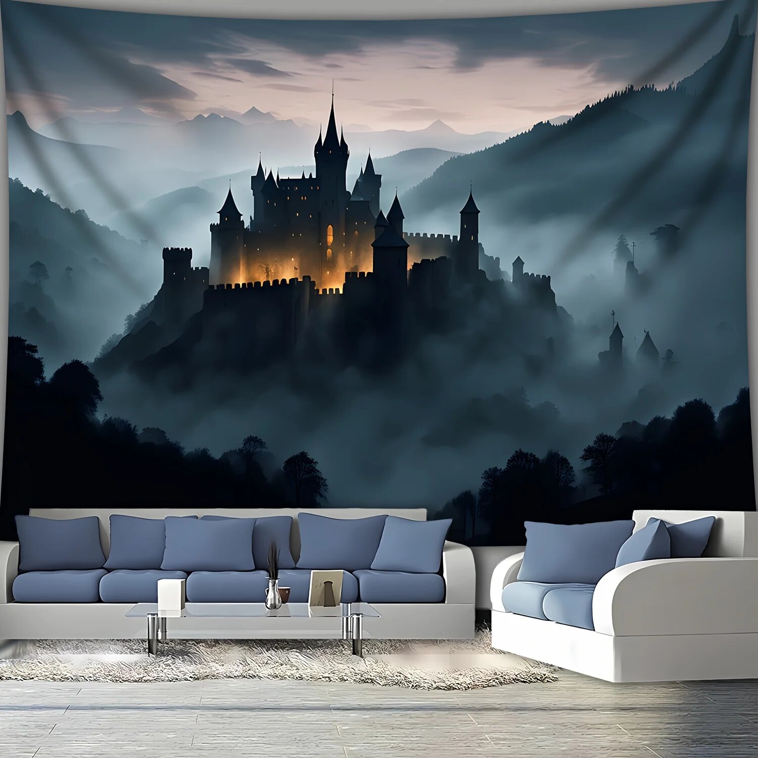 Настенный гобелен "Туманный лесной замок", полиэстер 70X100CM