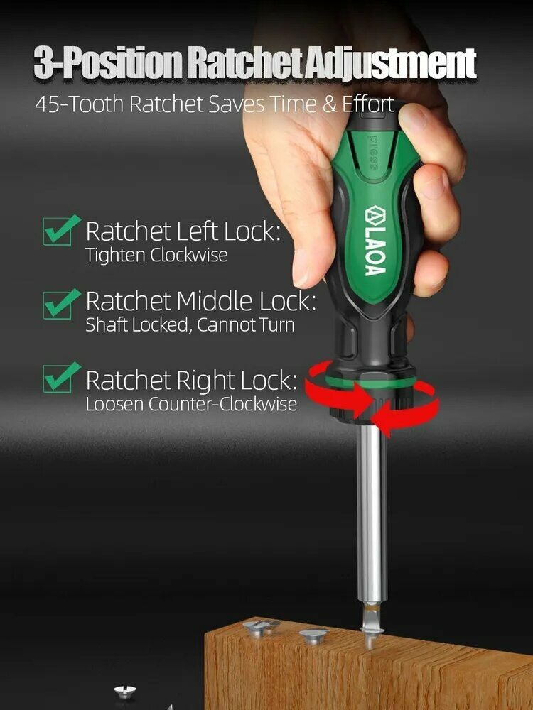 LAOA 12PCS Ратчетная отвертка с храповым механизмом, 45 зубьев, биты S2, скрытое хранение бит, эргономичная ручка