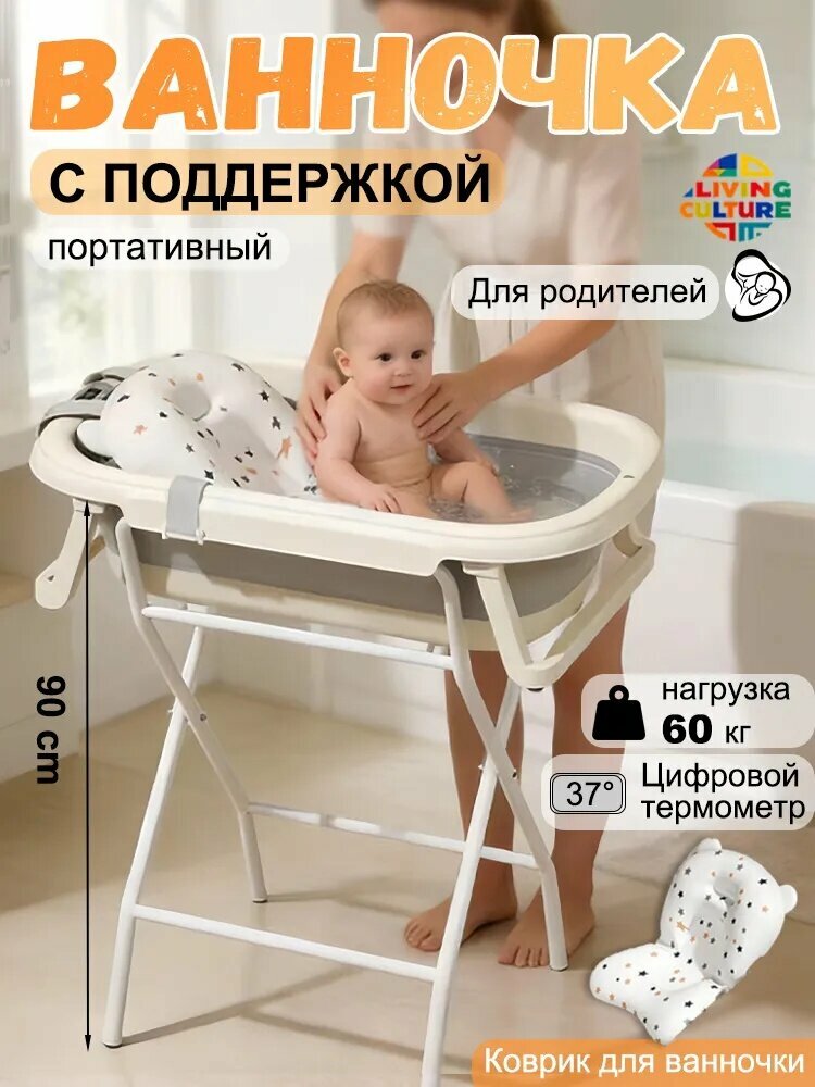 Складная детская ванночка и подставка с матрасом в комплекте, выдерживает до 60 кг, со встроенным термометром