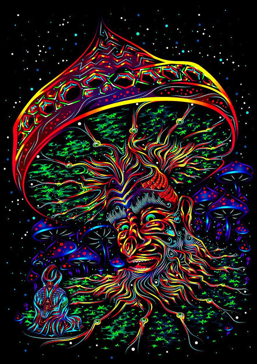 УФ-Фон (полотно) "Wise Mushroom", 50x75 см. Панно светящееся в ультрафиолете с активным флуоресцентным психоделическим рисунком, гобелен, настенное украшение, декорация для вечеринки гоа-транс.