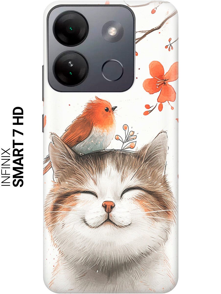 Силиконовый чехол на Infinix Smart 7 HD с принтом "Довольный котик и птичка"