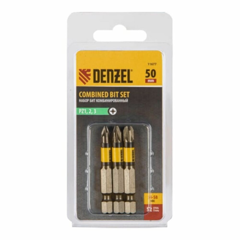 Набор бит 3 шт. PZ1, PZ2, PZ3, 50 мм, сталь S2 Denzel 11677