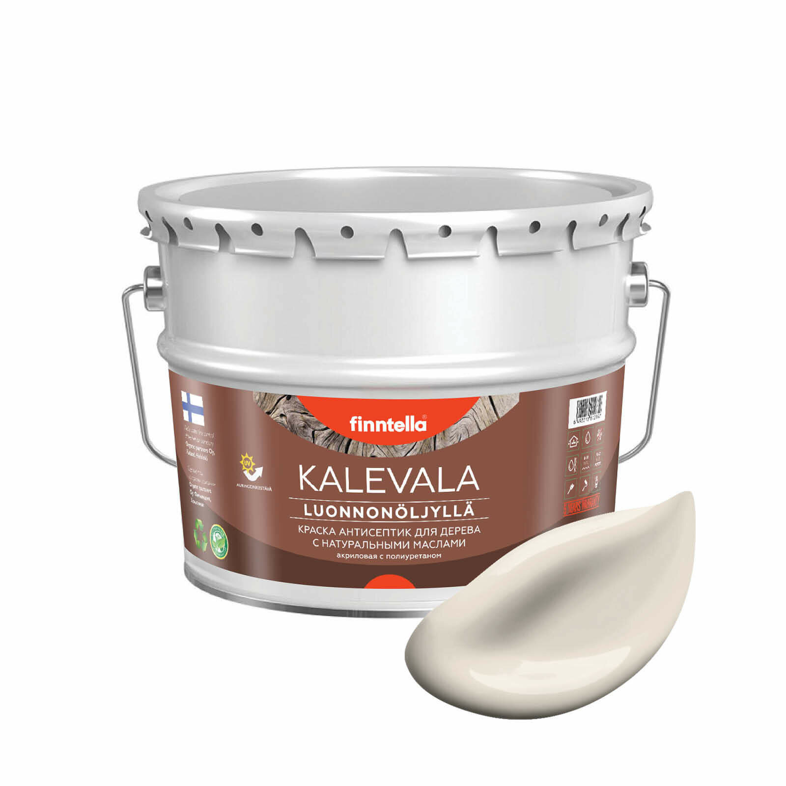 Краска для дерева и деревянных фасадов FINNTELLA KALEVALA, с натуральным маслом и полиуретаном, цвет SAMPPANJA (Светло-бежевый) , 9л