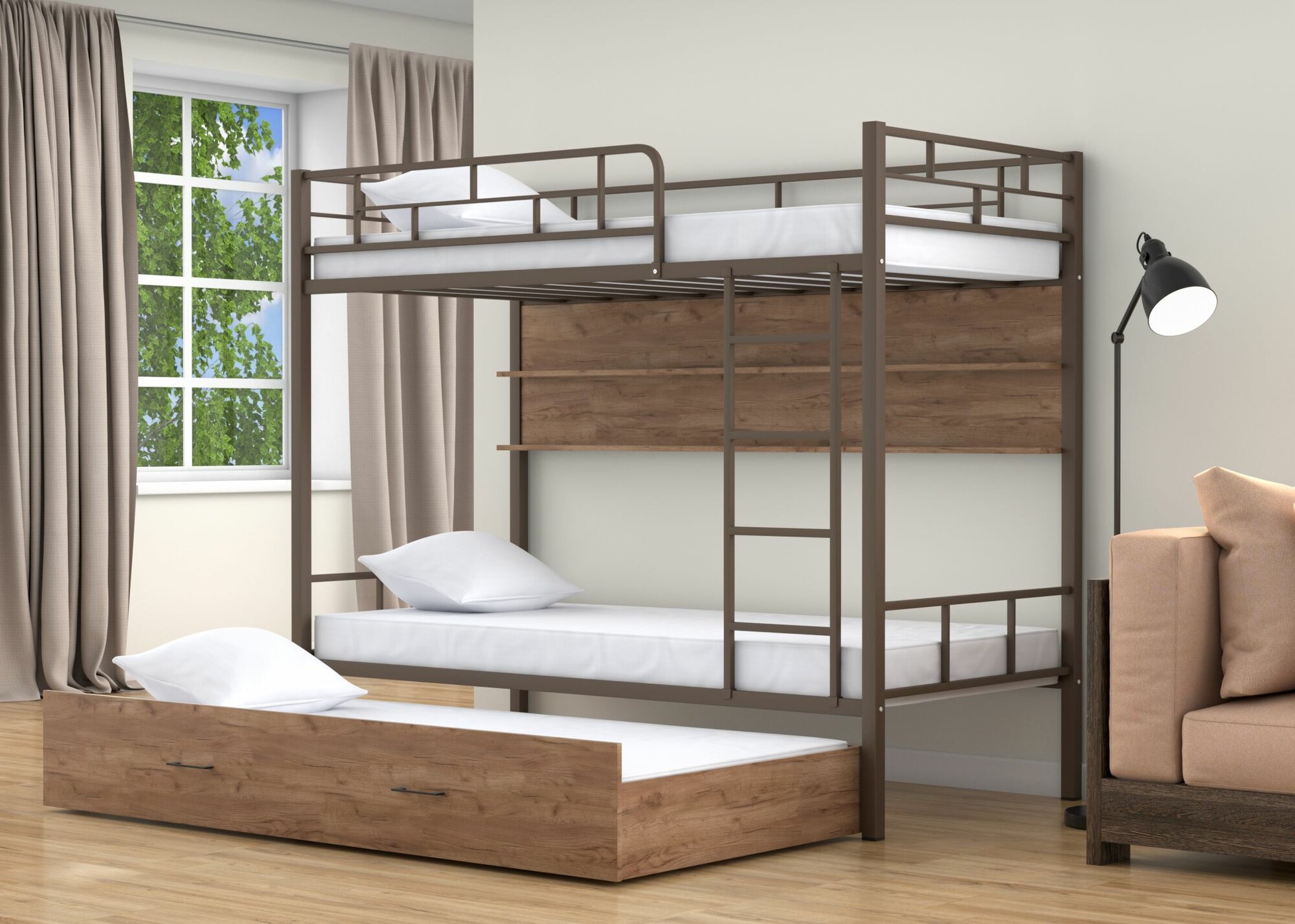 Трехъярусная кровать металлическая "Валенсия" выкатная с полкой Коричневый/Дуб крафт табак
