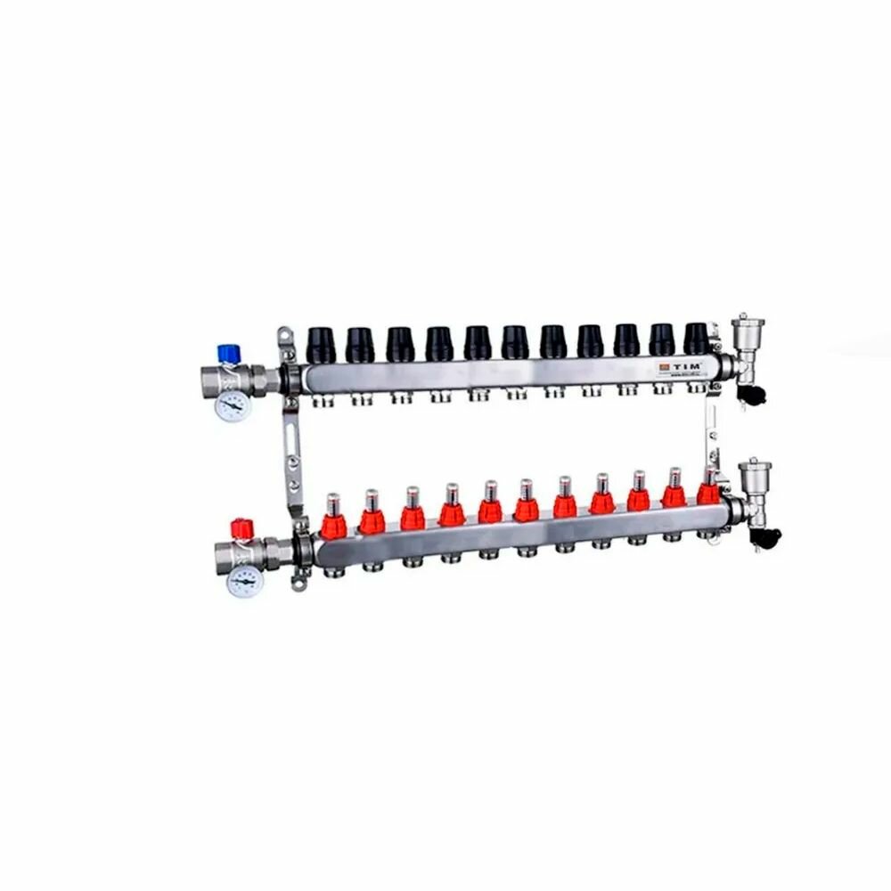 Коллекторная группа 1"-11 вых квадрат (с дренаж. краном и воздухоотвод) нерж. корпус, TIM