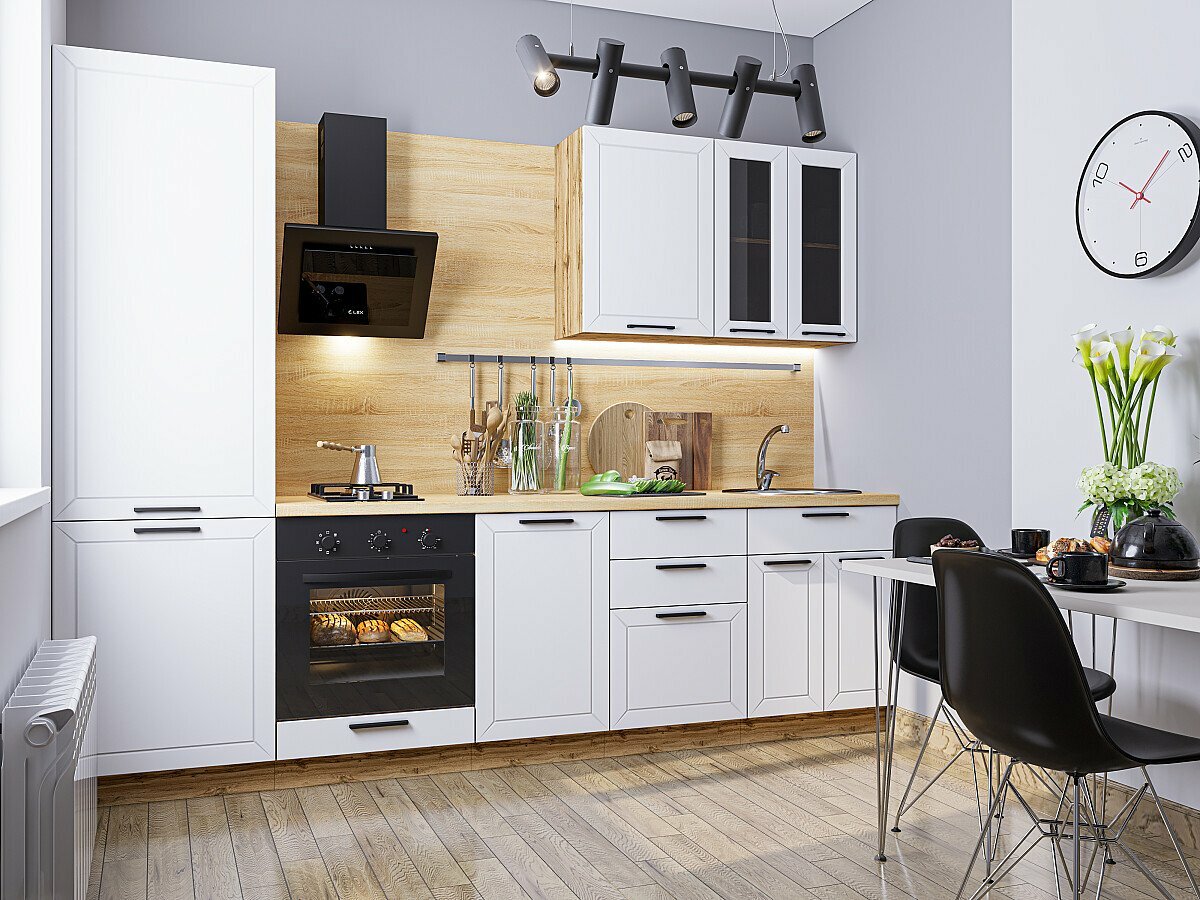 Кухня Глетчер-04, цвет фасада Айленд Силк, цвет каркаса Дуб Вотан, 2140*2700*600 мм