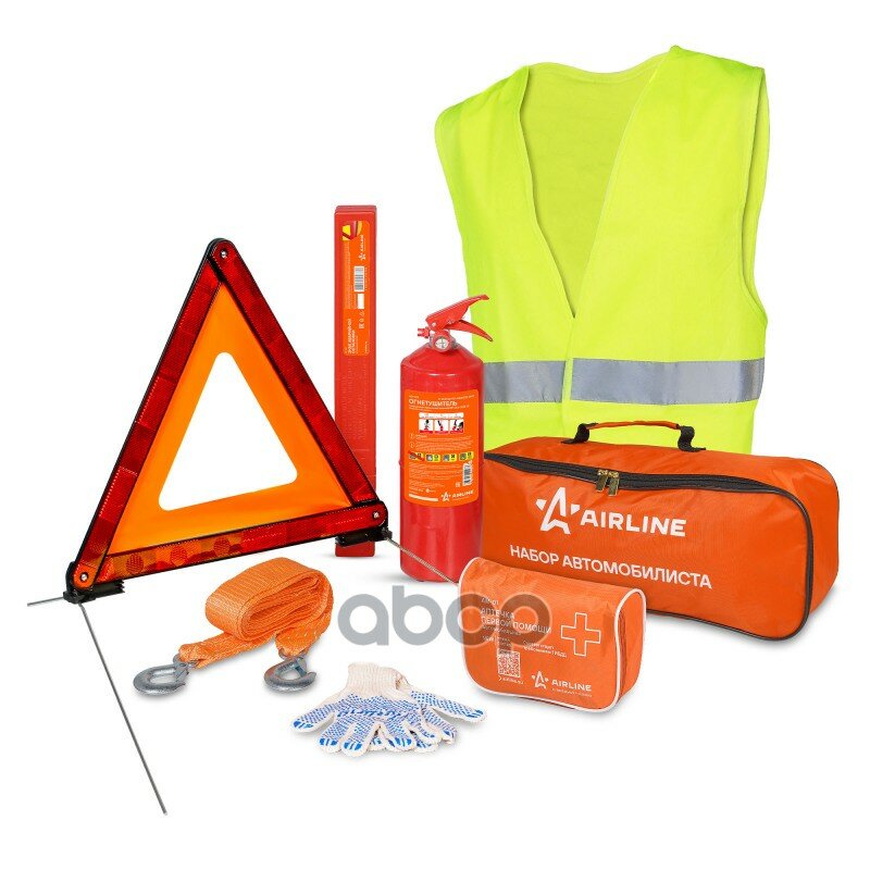 Набор автомобилиста Техосмотр-2 (Знак AT-02+Аптечка AM-01+Огнетушитель ОП2 AO-OP2+Перчатки AWG-C-0 AIRLINE арт. ANA-002