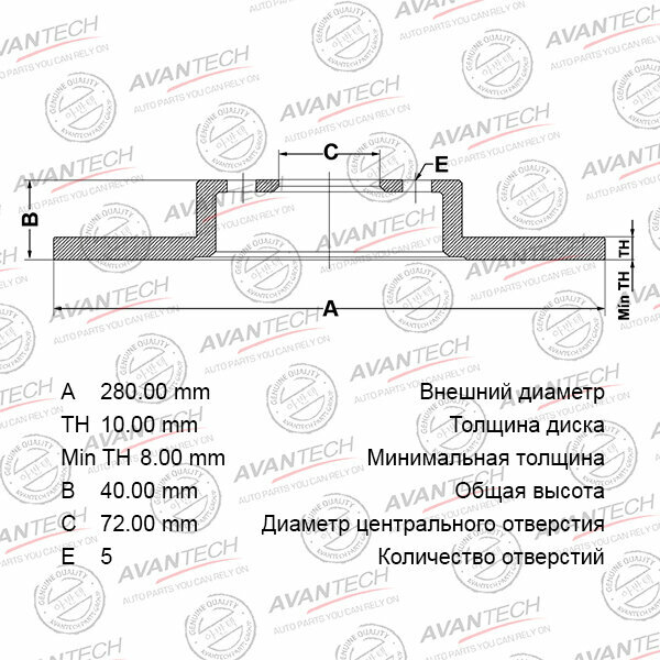 Диск тормозной задний Mazda 323 2000 - 2003 / Mazda 6 2002 - 2012 / Mazda ATENZA 2008 - 2012 / Mazda CAPELLA 1999 - 2001 / Mazda FAMILIA 2000 - 2004 / FAW BESTURN X80 2014 - 2019; AVANTECH BR0401S — фото 1