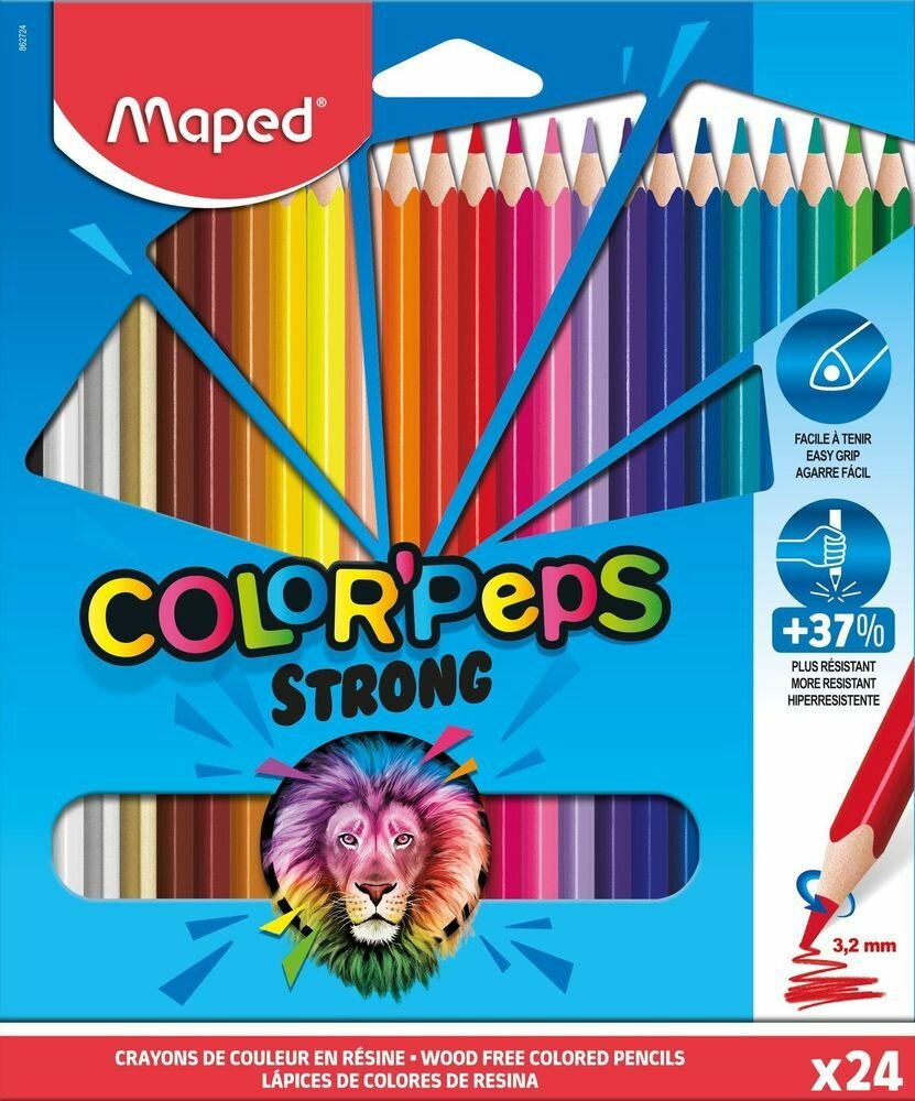 Цветные карандаши повышенной прочности, MAPED COLOR'PEPS STRONG, пластиковые, 24 цвета, в картонной коробке с подвесом