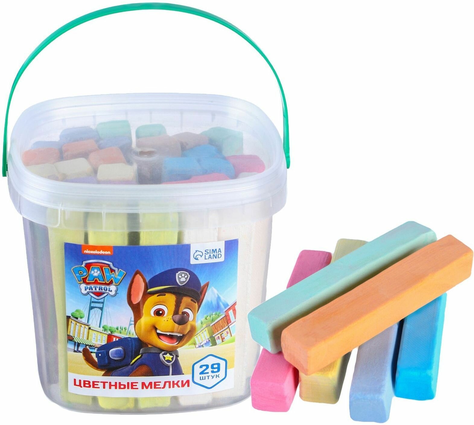 Набор цветных мелков для детей "Щенячий патруль", 10 цветов, 29 штук, в ведерке с ручкой, мел для рисования на доске и асфальте