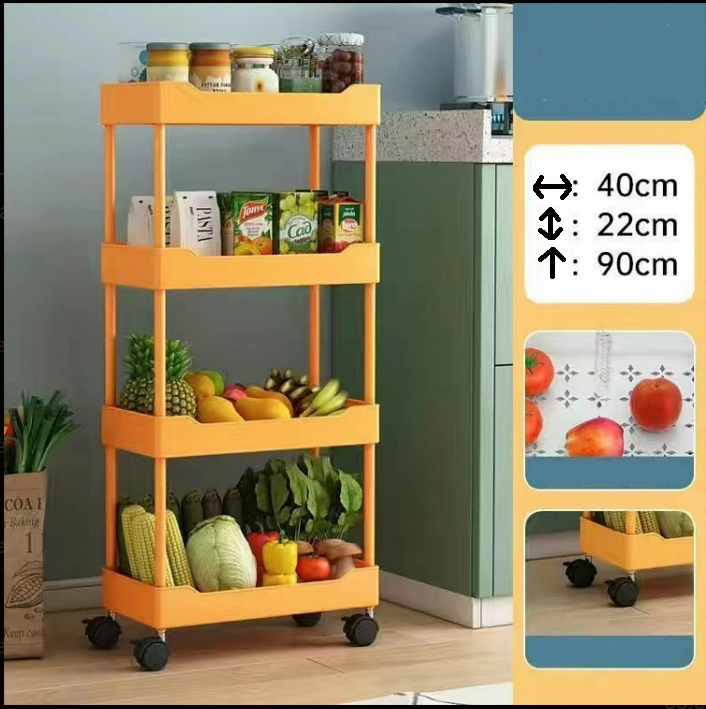 Стеллажи на колесиках для кухни 4-ярусная оранжевая