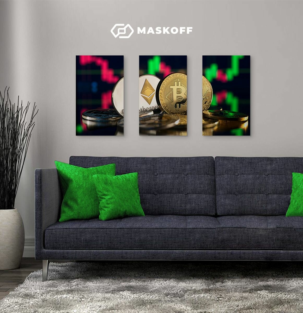 Большая модульная картина криптовалюта биткоин (гарантия 5 ЛЕТ!) для интерьера на стену абстракция из 3 частей в офис, 102 х 57 см, холст, MaskOff