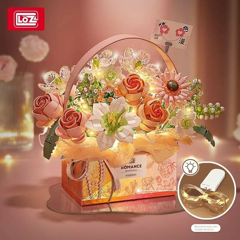 Конструктор Цветы в корзине Розовая симфония (мини детали), серия Romance, 1212 деталей, LOZ 1951
