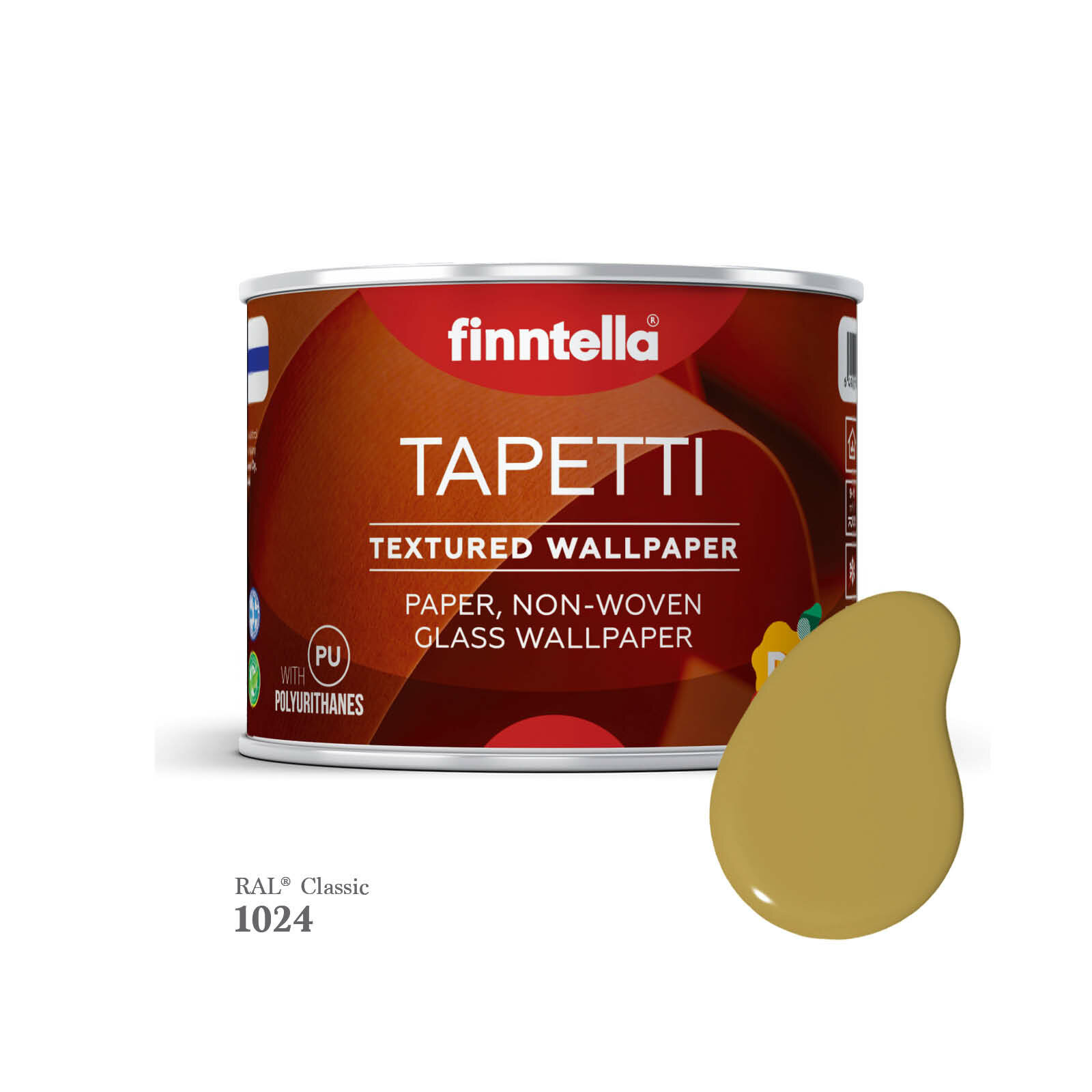 Шелковисто-матовая краска для обоев под окраску TAPETTI SILKKI Matta FINNTELLA, Цвет RAL 1024 Охра желтая (Ochre yellow), 0,45л