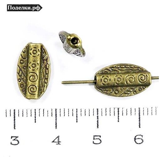 Металлическая бусина Овал плоский с узором 0008071 бронзовый цвет 14x8 мм, цена за 10 шт.
