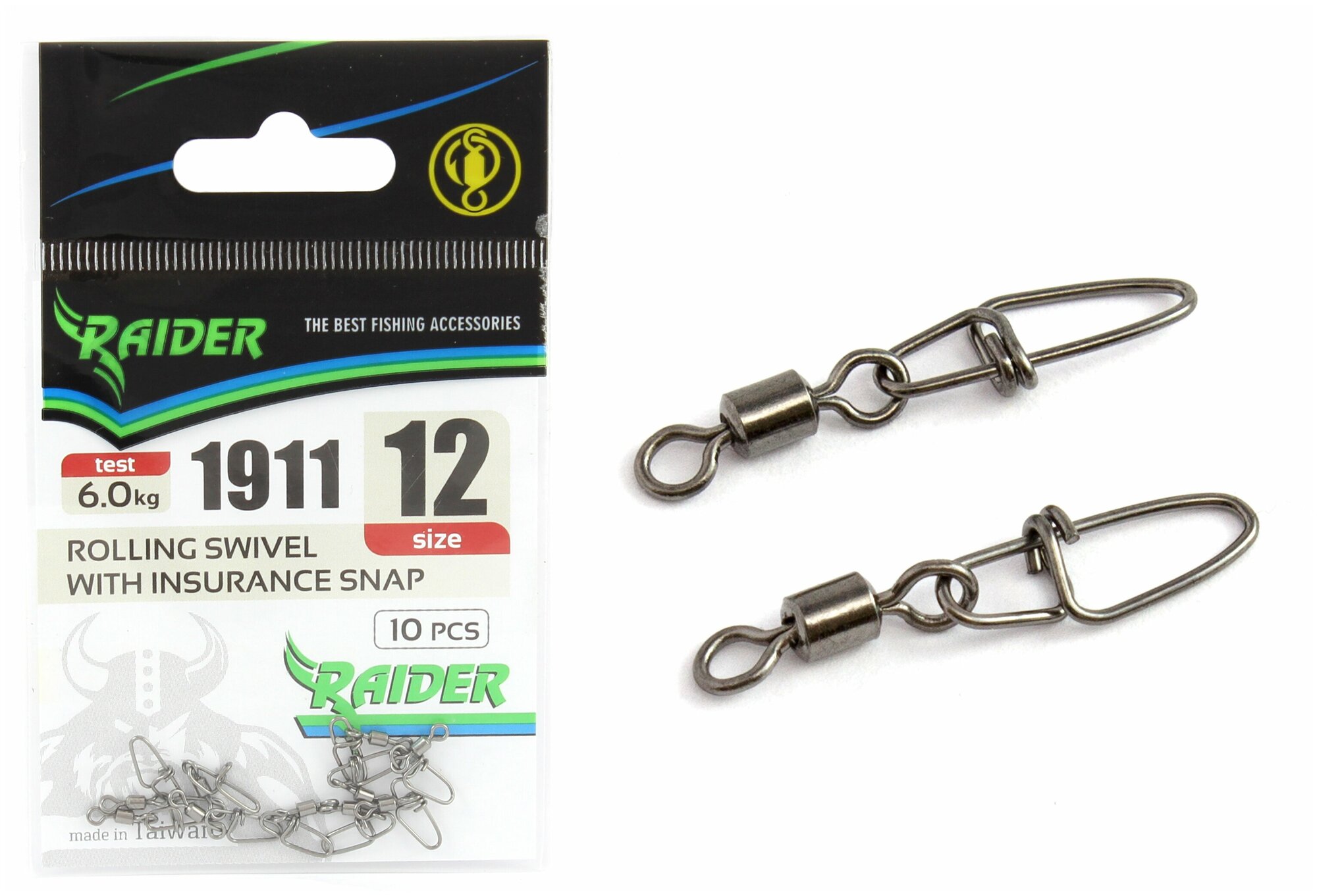 Карабин с вертлюгом RAIDER ROLLING SWIVEL WITH INSURANCE SNAP (уп.10шт) №12 (test 6.0кг), для рыбалки, рыболовный
