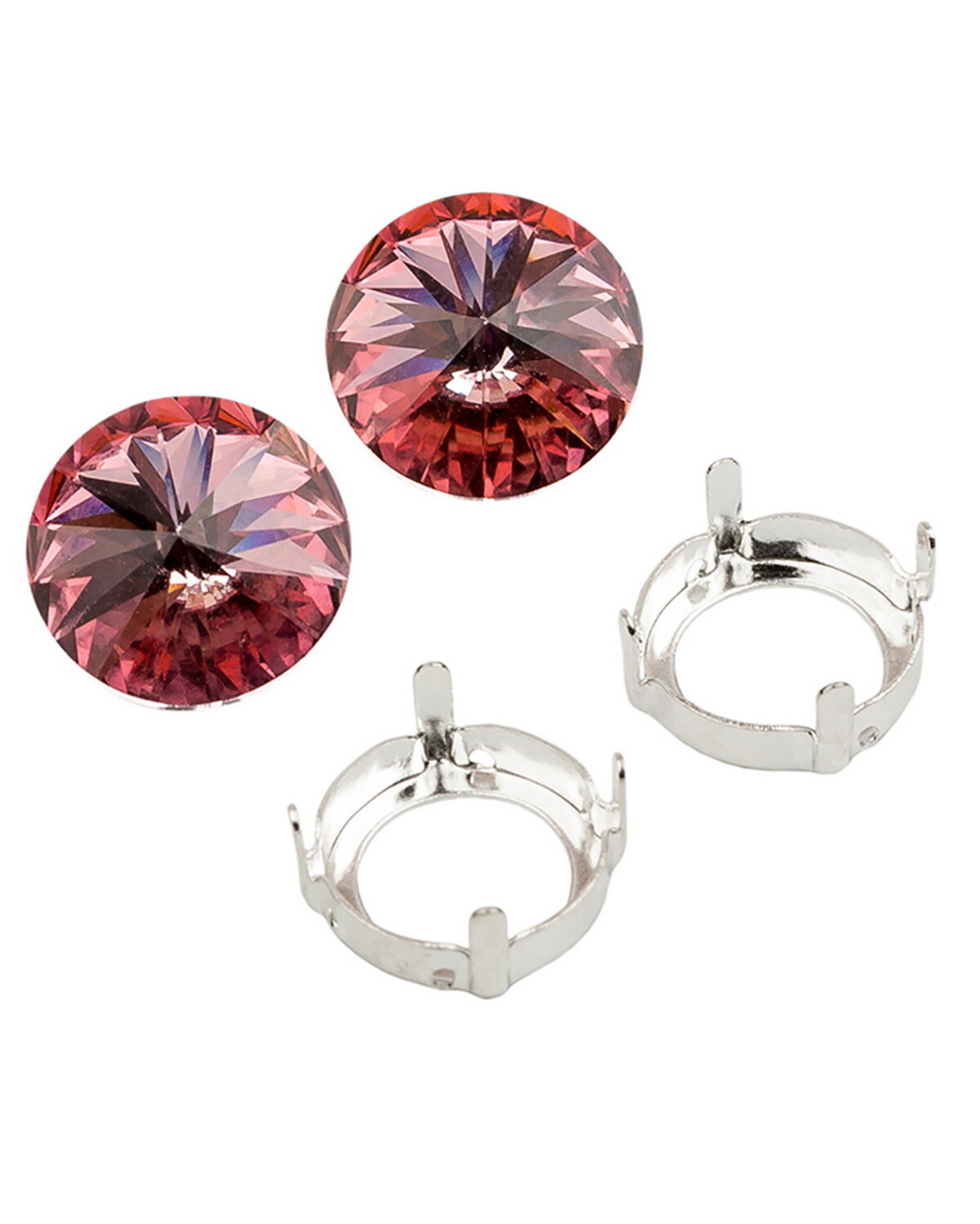 Swarovski Rivoli ss 47 (около 10,5 мм), круглые, цвет Crystal Antique Pink (#001-ANTP), 2 шт. + оправа с цапами и отверстиями для пришивания, 2 шт.