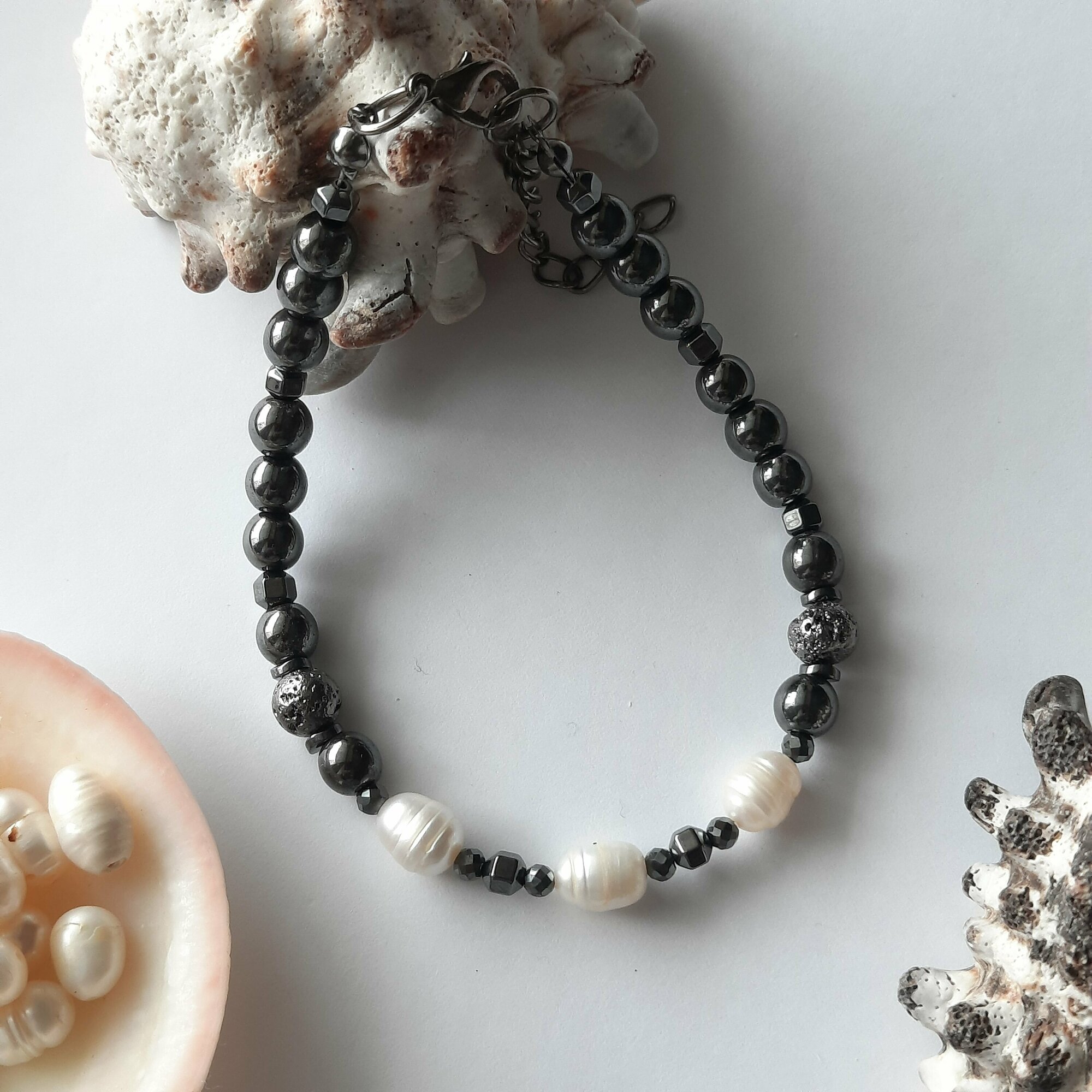 Браслет, гематит, жемчуг культивированный
