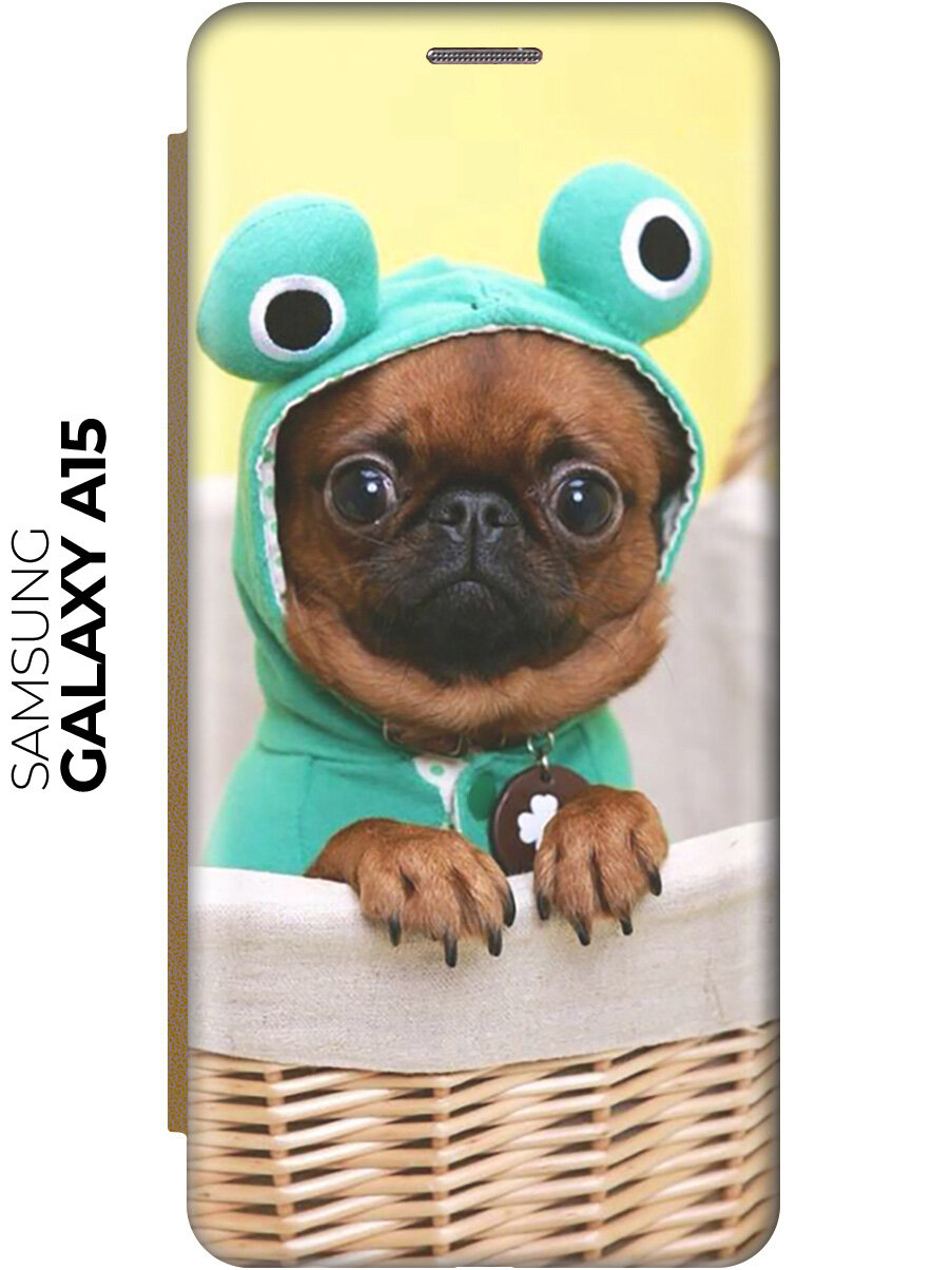 Чехол-книжка на Samsung Galaxy A15 / Самсунг А15 с рисунком "Собака в смешной шапке" золотой