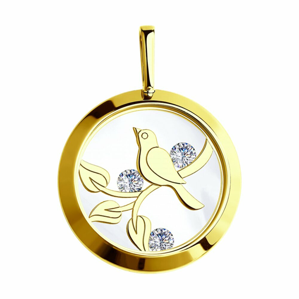 Подвеска, желтое золото, 585 проба, фианит, минеральное стекло