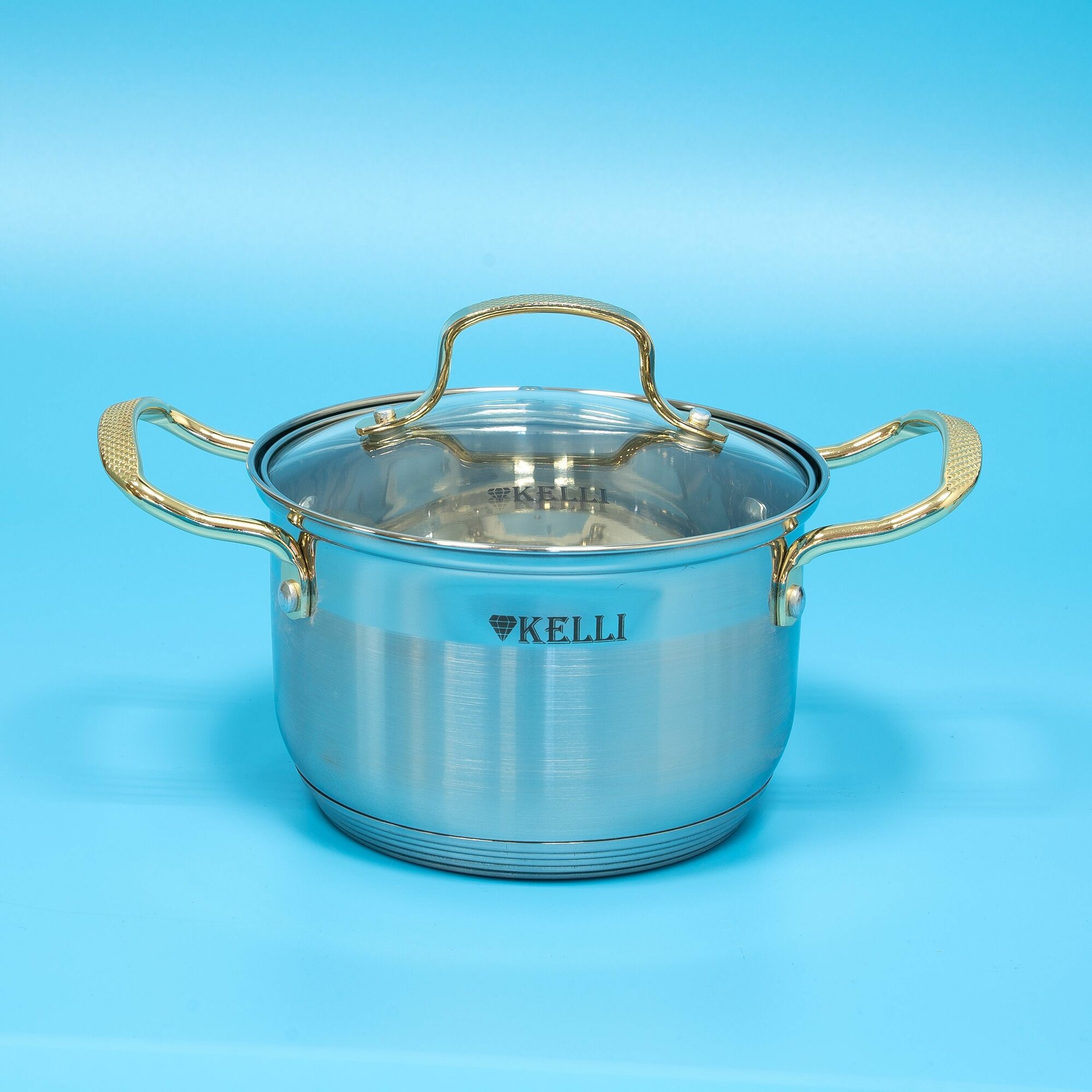 Кастрюля 2 л нержавеющая сталь с крышкой, для индукционных плит KELLI Gold, нержавейка с толстым дном 2 литра для газовой плиты