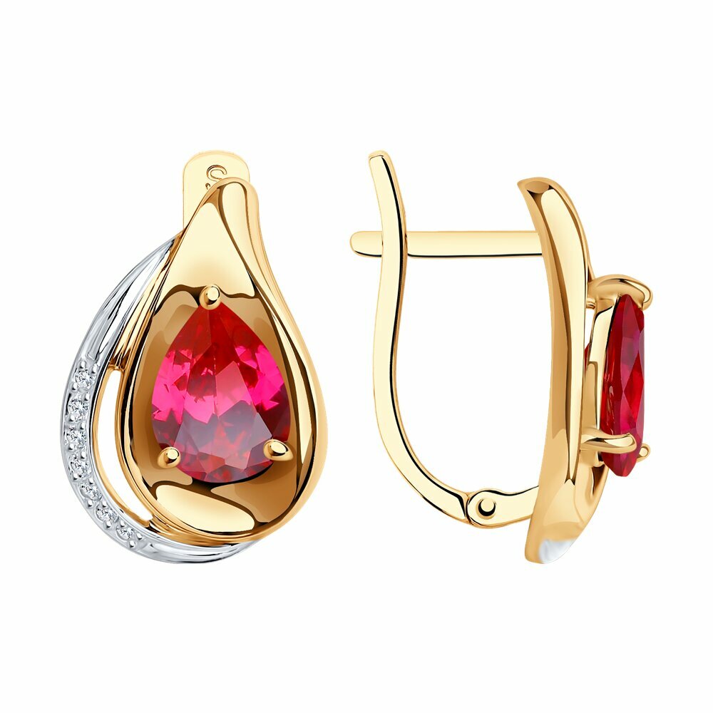Серьги, красное золото, 585 проба, корунд синтетический, фианит
