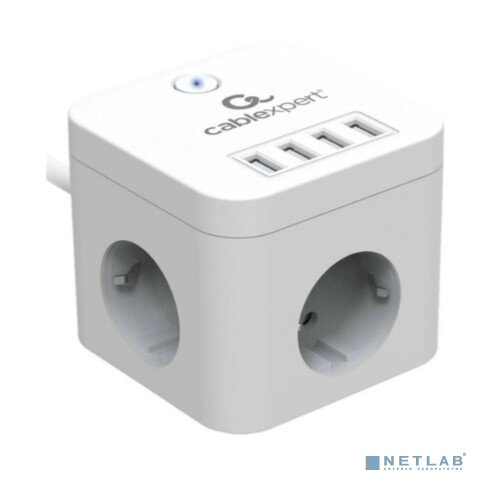 Сетевой фильтр Cablexpert Cube CUBE-3-U4-W-1.5 белый, 3 розетки, 1.5м
