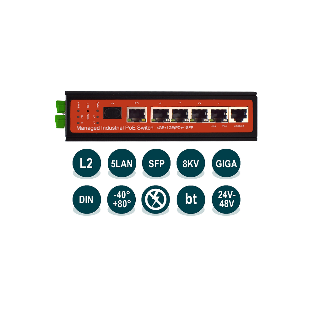 WI-PMS305GF-I Промышленный управляемый L2 коммутатор 4 PoE-out + 1 PoE-in + 1 SFP