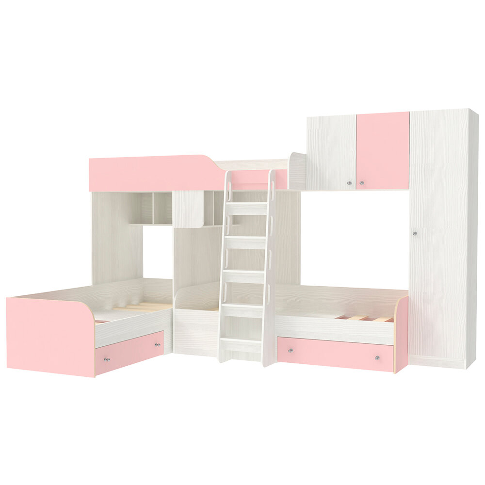 Кровать чердак Трио 2 Белое Дерево Розовый