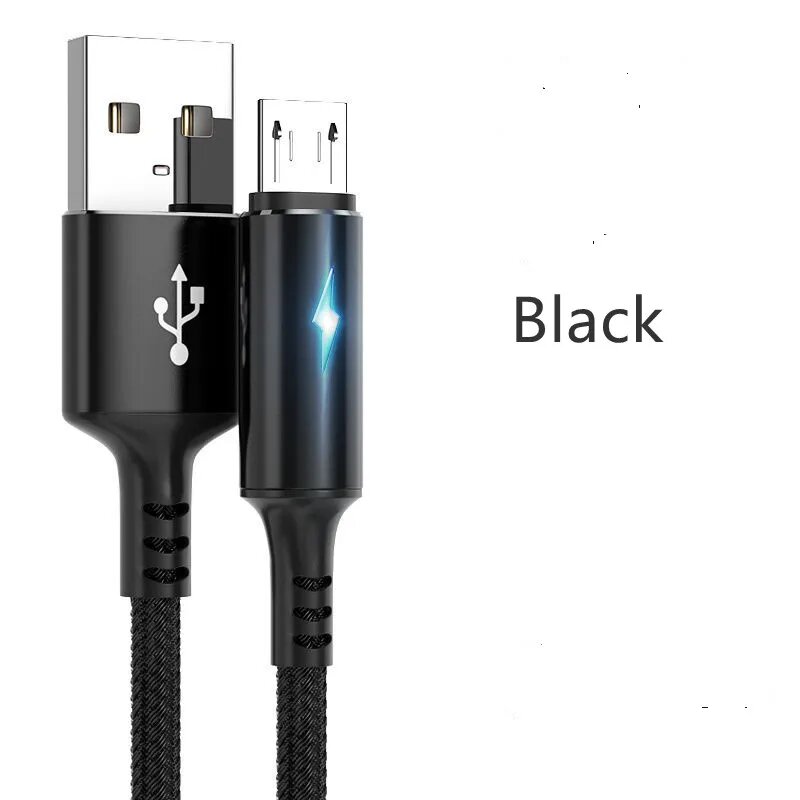 Провод Micro USB со светодиодным индикатором, кабель для быстрой зарядки Huawei Mate 40, Samsung, Xiaomi, Android, Шнур Micro USB, 5 А 0.25m, Black Micro USB