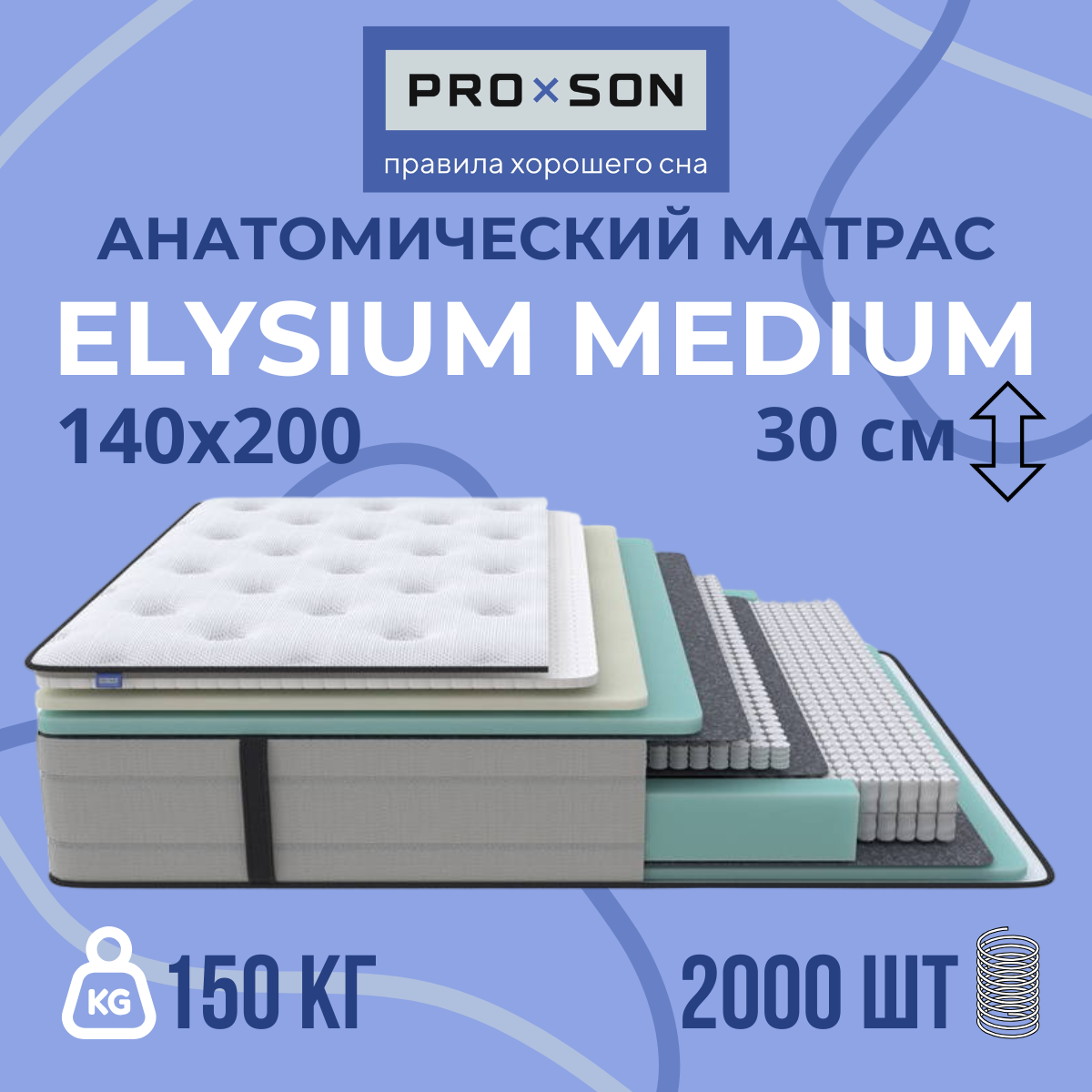 Матрас 140x200 Elysium Medium PROxSON средней жесткости, независимые пружины