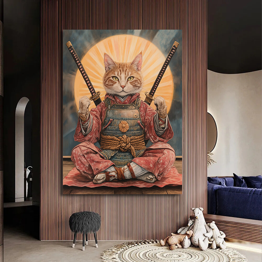 КОТ самурай / Дзен, картина на стену / настенный декор с котиками в японском стиле, 30х40 см.