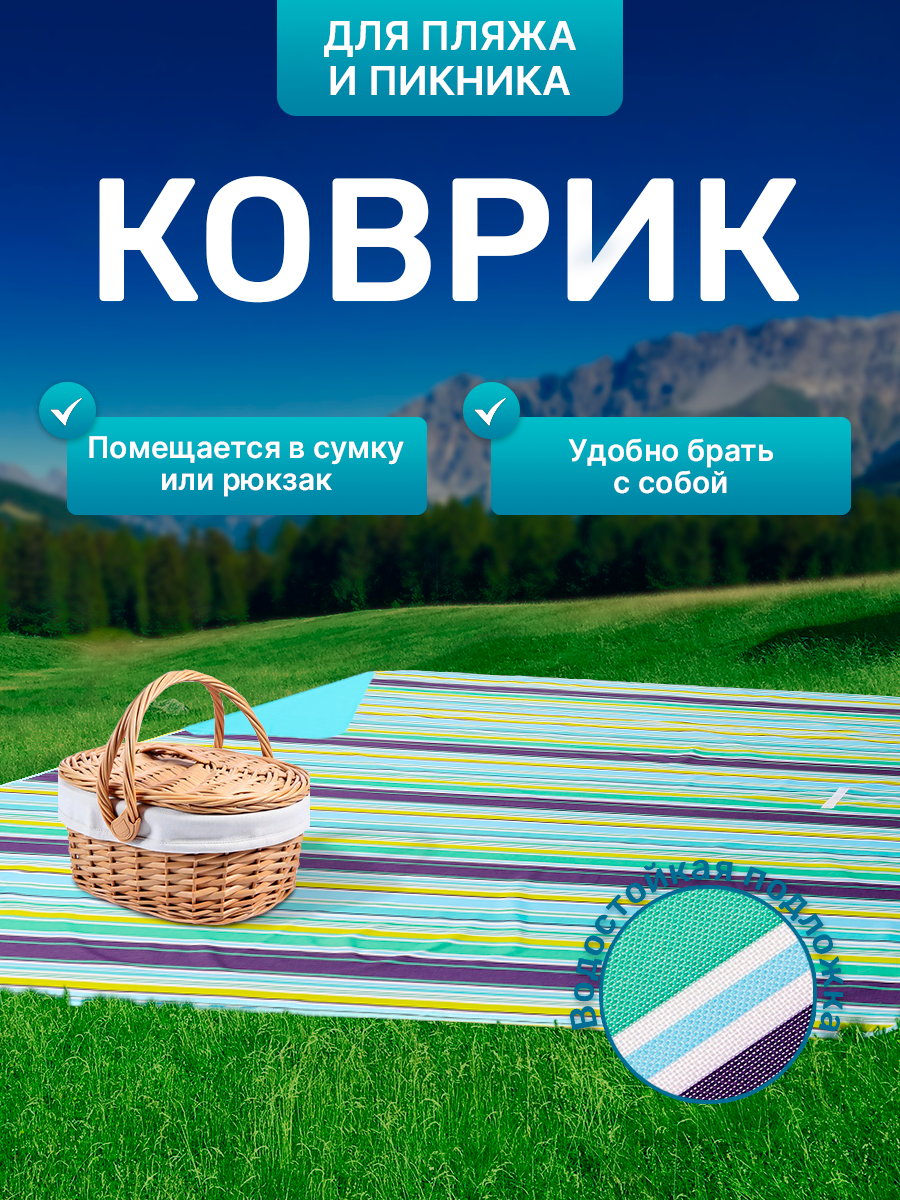 Подстилка 145х100 см, для пикника и пляжа в виде сумки, голубой/желтый цвет, яркий дизайн