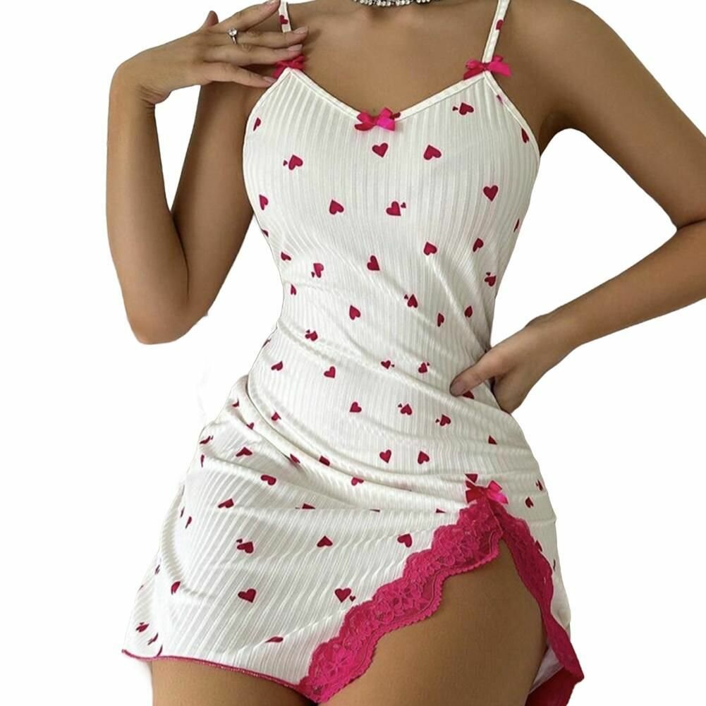 Платье-боди с бретелями и сердечками, с разрезом и кружевной отделкой
