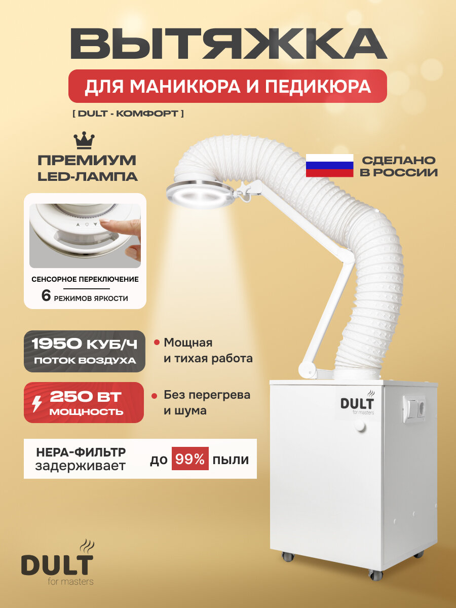 Вытяжка-пылесос DULT Комфорт, для маникюра и педикюра, напольная, 1950 м3/ч, LED-подсветка с 6 ю режимами яркости