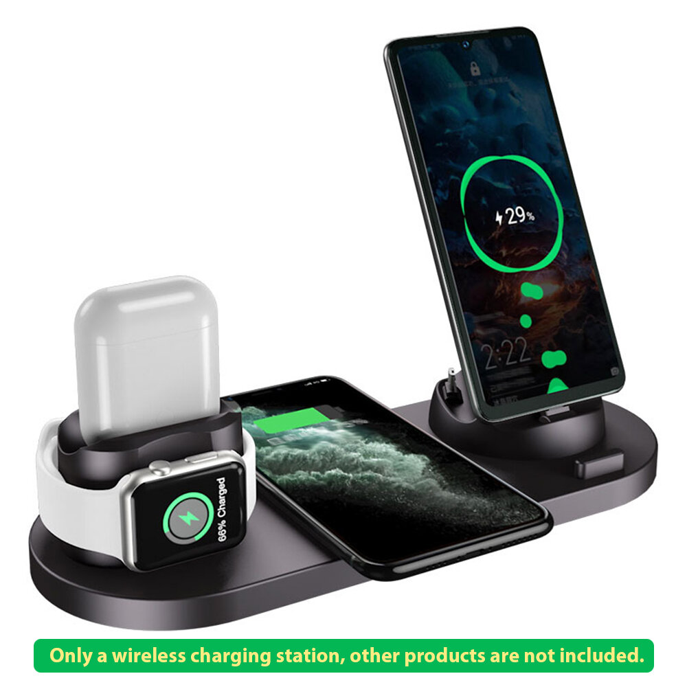 6-в-1 Беспроводная зарядная док-станция 15W Совместимость с iOS/iWatch/Airpods/Type-C USB Серия Qi Быстрая зарядка телефона Быстрое зарядное устройство