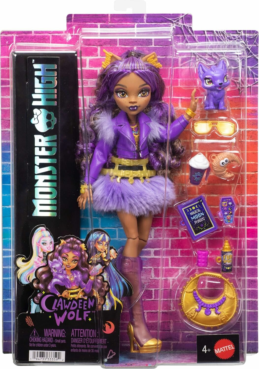 Кукла Mattel Monster High - Clawdeen Wolf Клодин Вульф в фиолетовой мотокуртке, пушистой юбке и с питомцем Crescent - Кукла с аксессуарами Монстр Хай JHK30