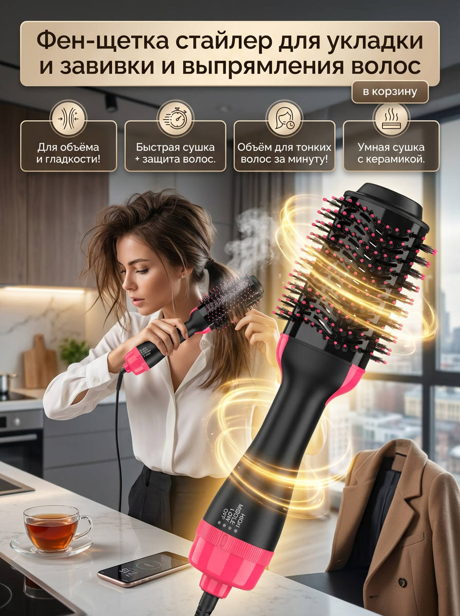 Фен-щетка для волос 3 в 1, Термощетка, Выпрямитель для волос, Стайлер, Расческа