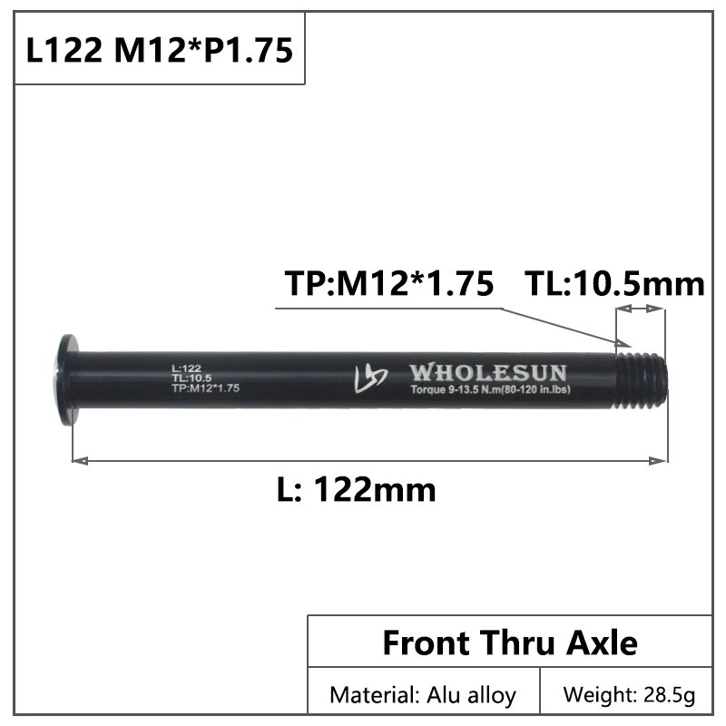 Вилка велосипедная ось Wholesun, L122 M12x1.75, 122мм, черная