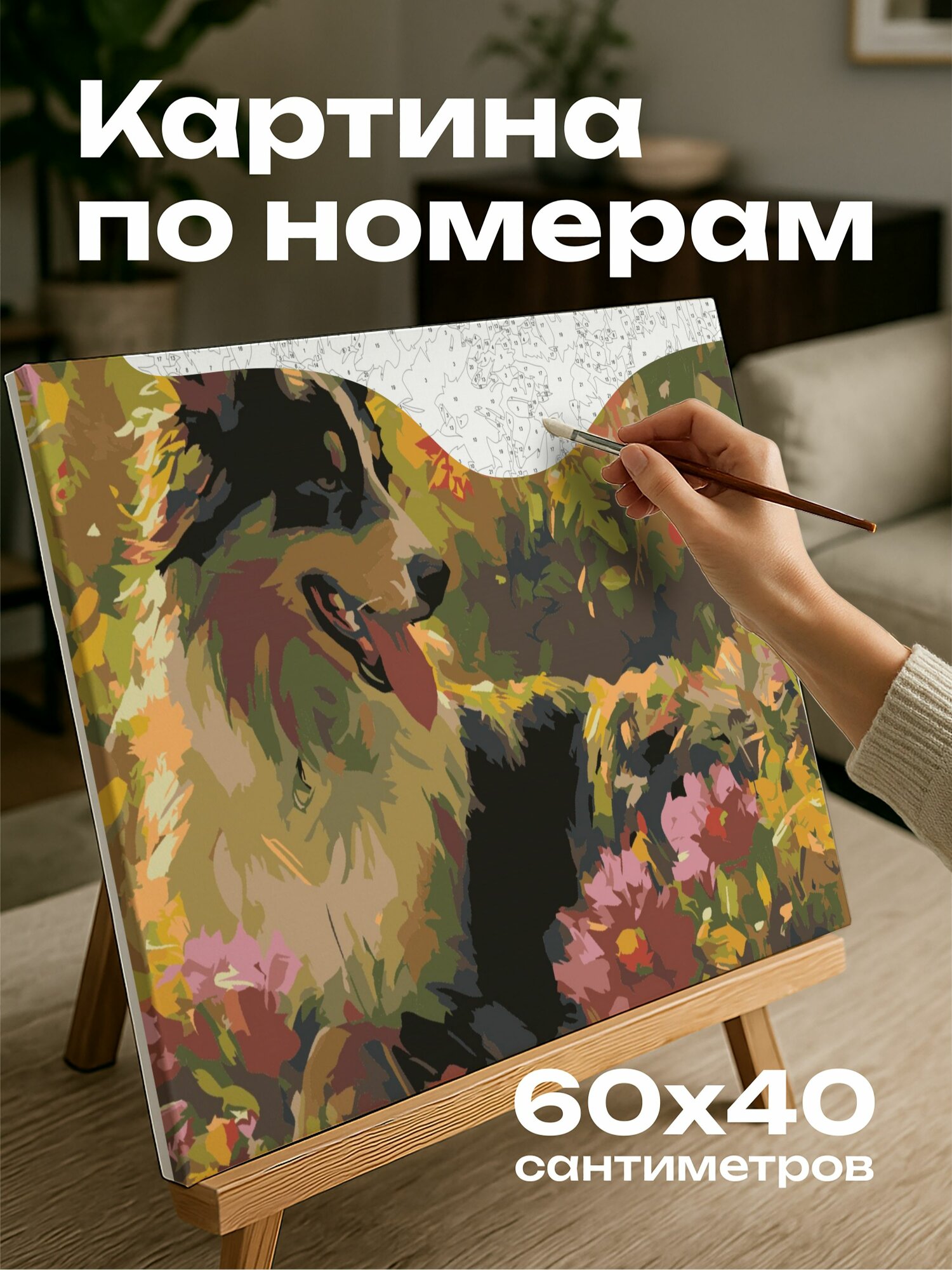 Картина по номерам 60x40 см, Колли, импрессионизм, море цветов, игривость, пасторальная обстановка, тепло
