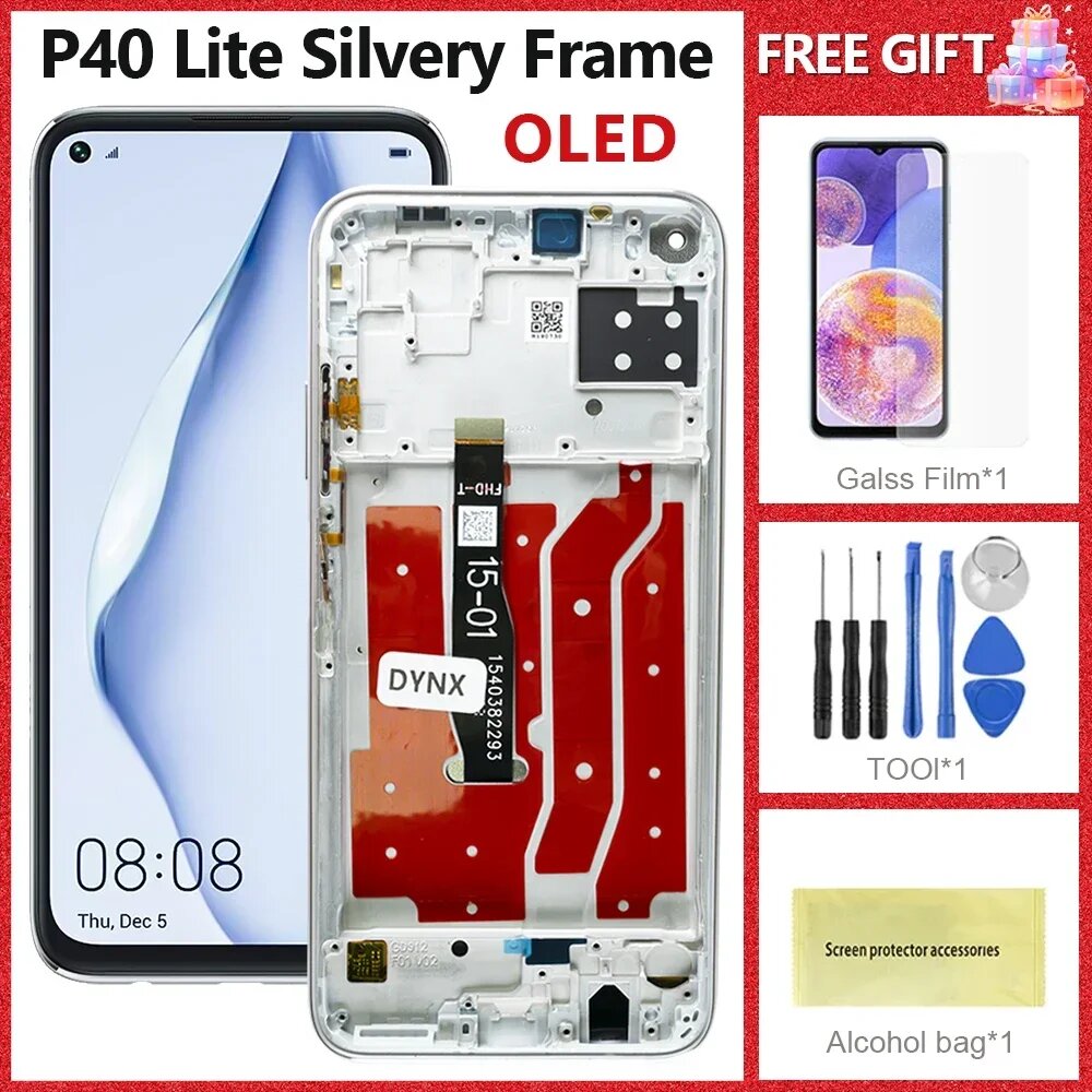 100% протестированный 6,4-дюймовый сменный дисплей с рамкой для Huawei P40 Lite, OLED Silvery Frame