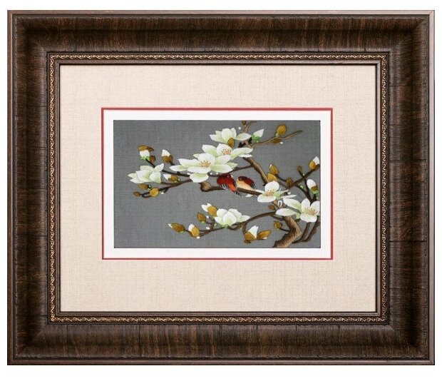 Декоративная настенная картина Живой Шелк двухсторонняя Свидание у ночной магнолии, вышивка шелком ручная с 3Dэффектом/см 40х31х3/багет+паспарту