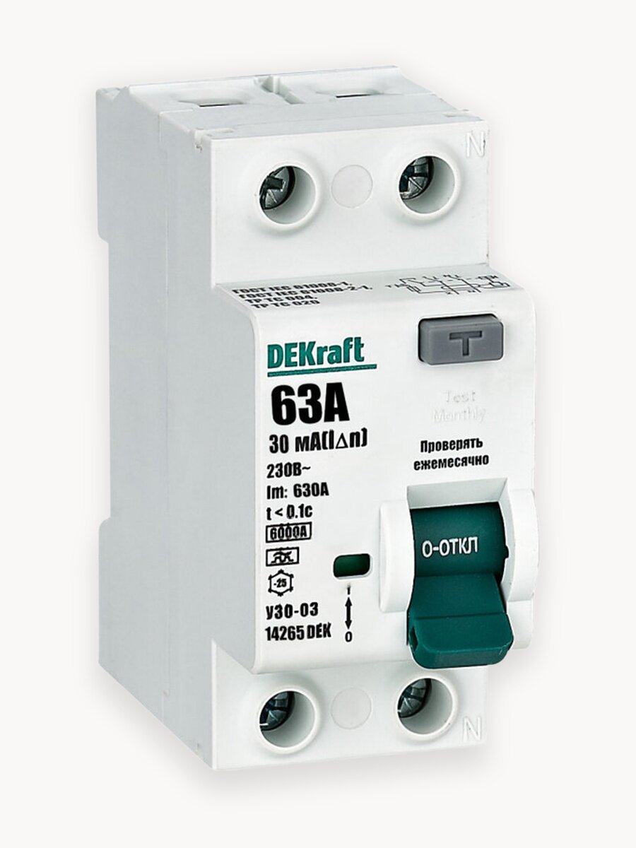 Выключатель дифференциального тока Dekraft УЗО-03 двухполюсный 63А 30мА 6кА тип A 14265DEK