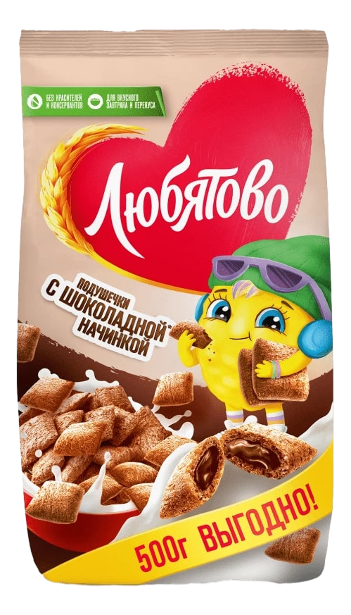Готовый завтрак любятово Подушечки с шоколадной начинкой, 500г