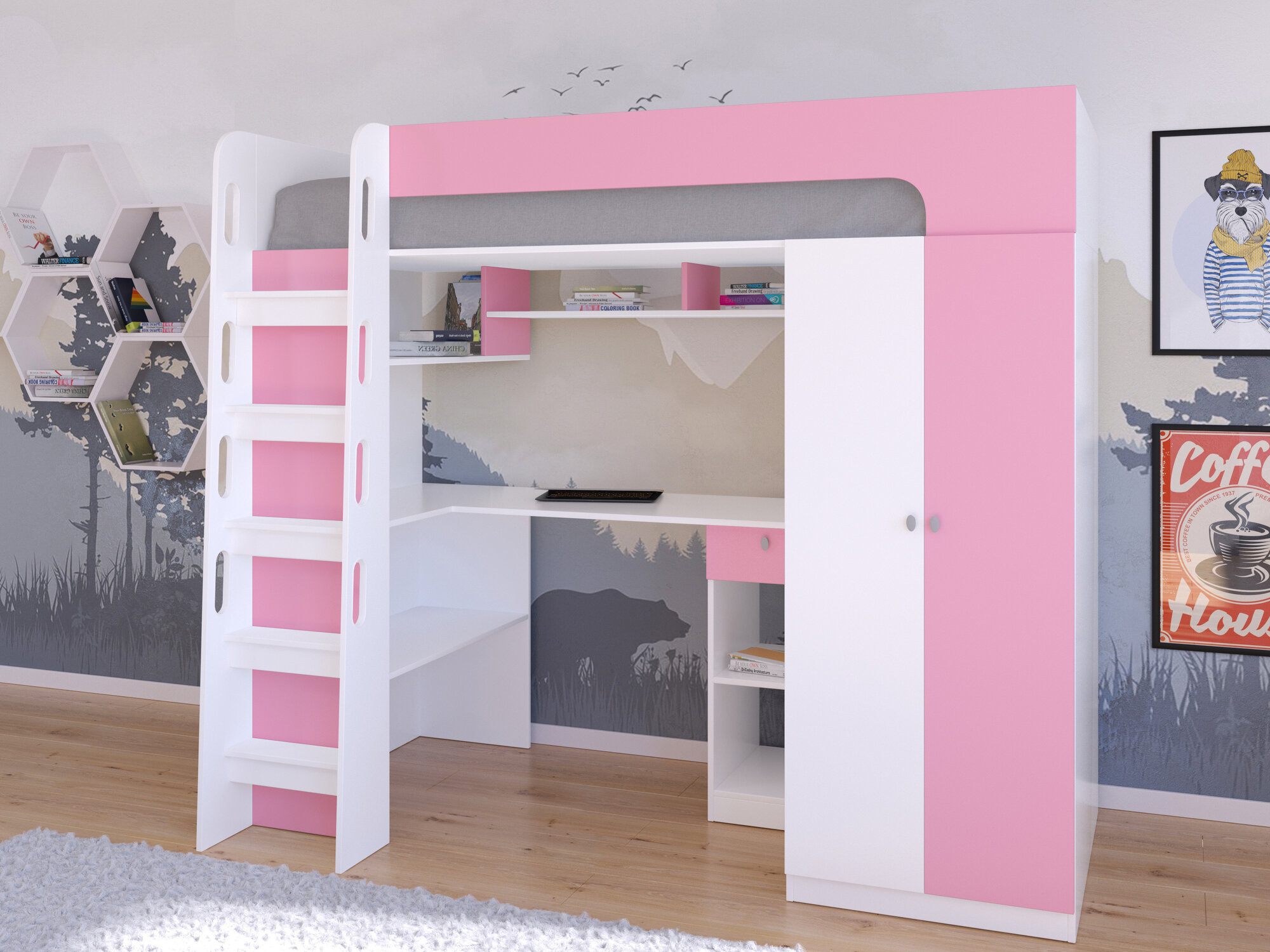 Кровать-чердак Астра 10, белый/розовый, 80х195, со шкафом для одежды и столом